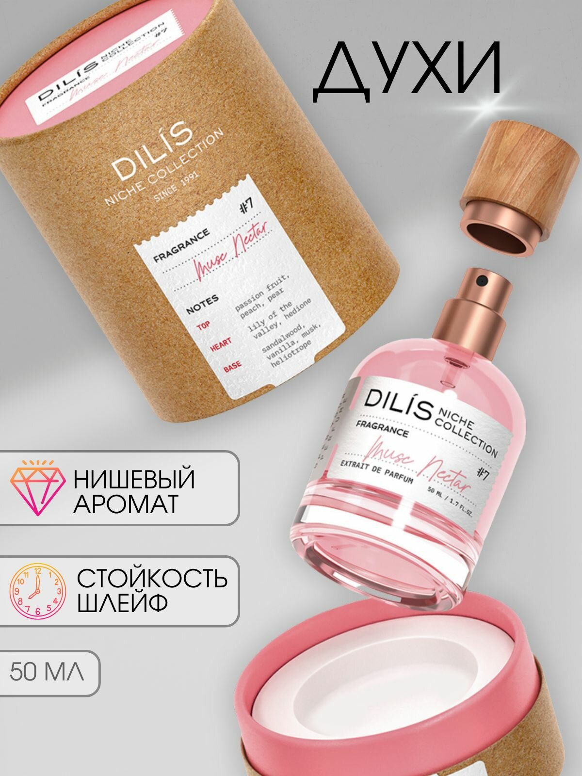 Духи DILIS Musc Nectar, женский аромат, цветочные ноты, спрей, 50 мл