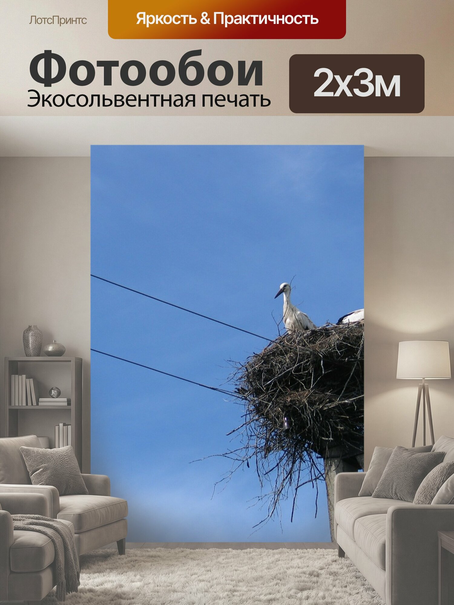 Фотообои "Аист, гнездо, птицы" 200x300 см. экосольвентная печать