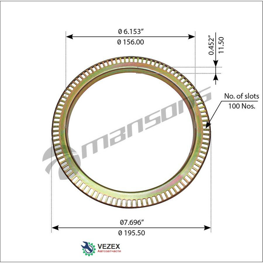 MANSONS 600151 кольцо ступицы (м)! зубчатое ABS 156x195x11.5 z100\ SAF