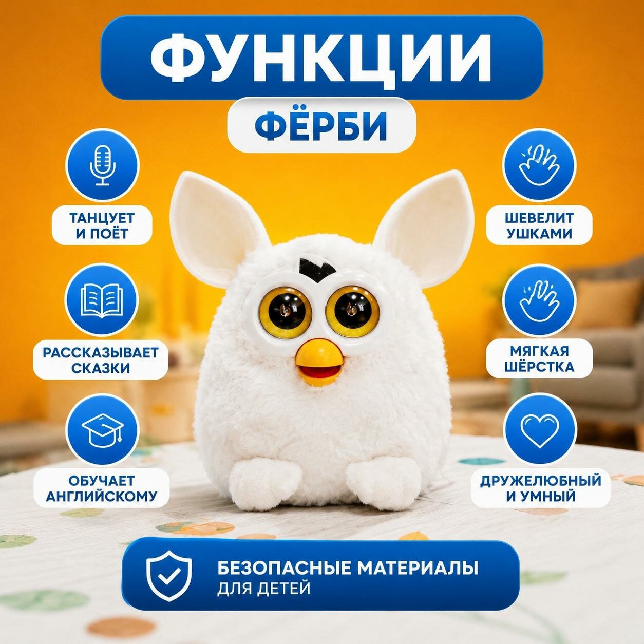 Ферби по кличке пикси Большой Белый / Интерактивный Питомец / Развивающая игрушка / Furby