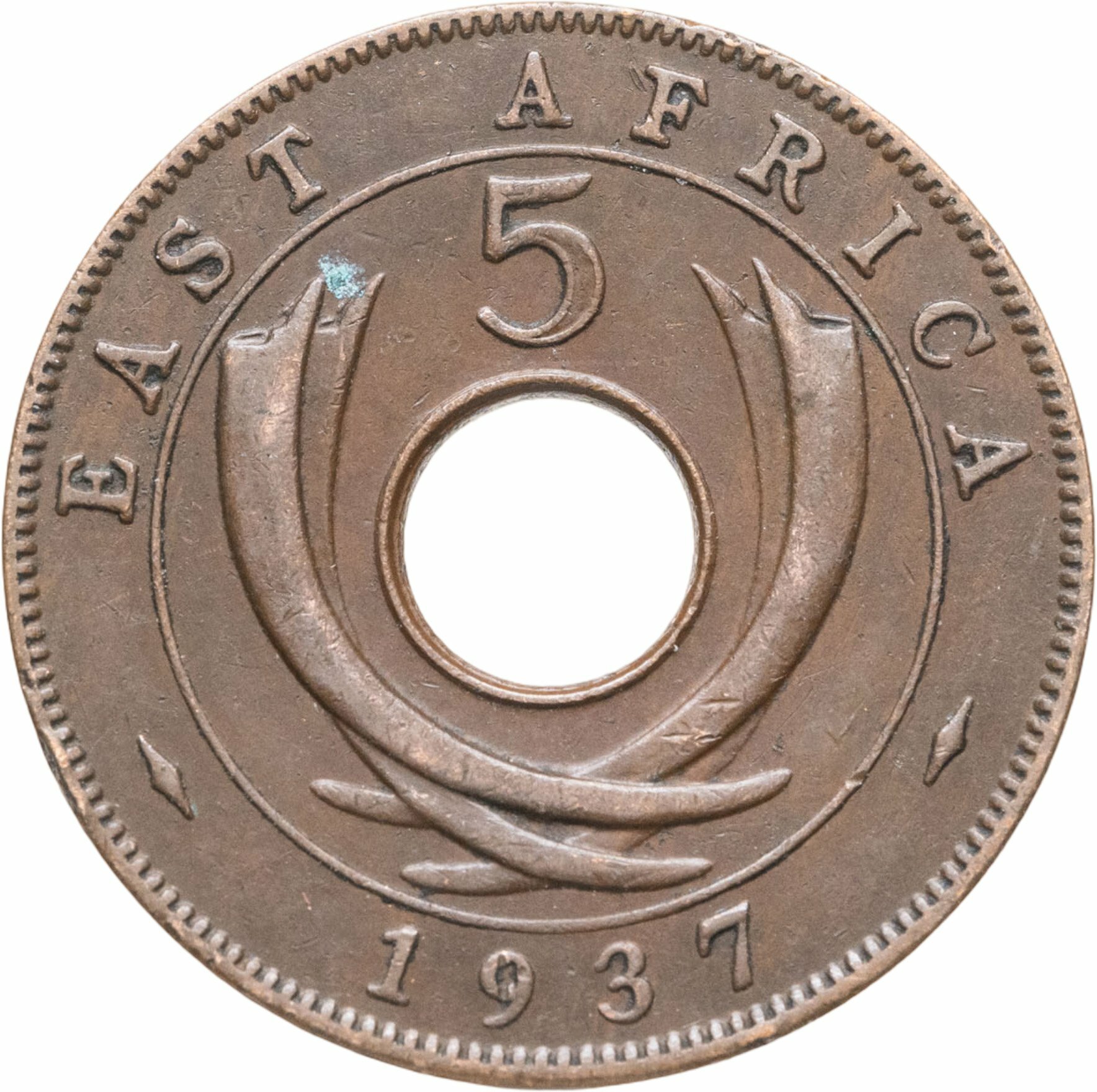 Британская Восточная Африка 5 центов cents 1937, Бронза, в сохранности XF