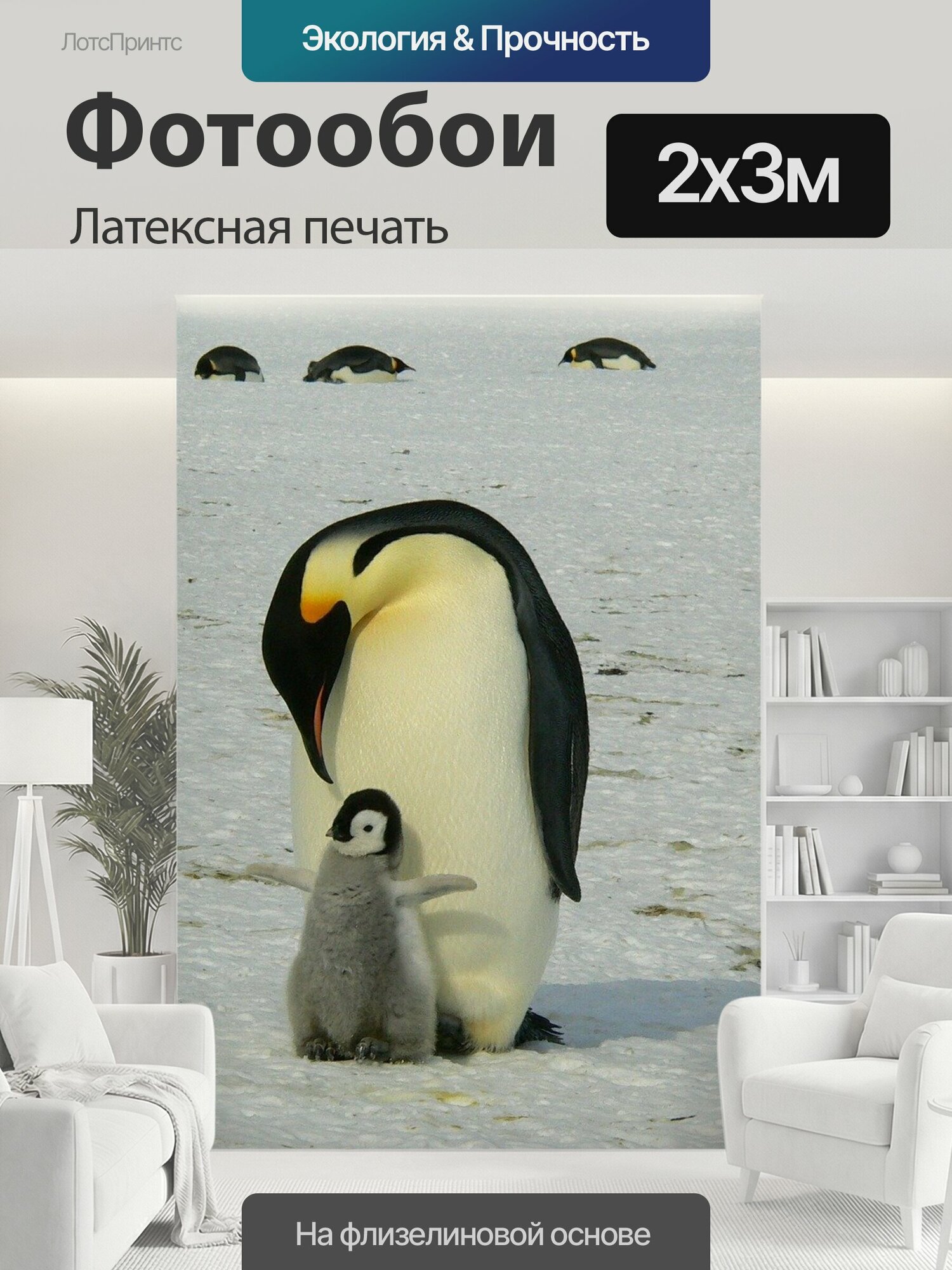 Фотообои моющиеся ударопрочные "Пингвины, императорские пингвины, детка" 200x300 см. латексная печать