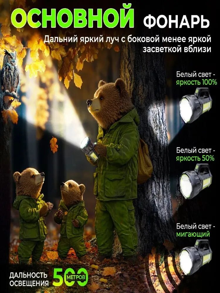 Фонарь-прожектор светодиодный мощный тактический ручной с дальностью до 500м и временем работы до 16ч — фото 1