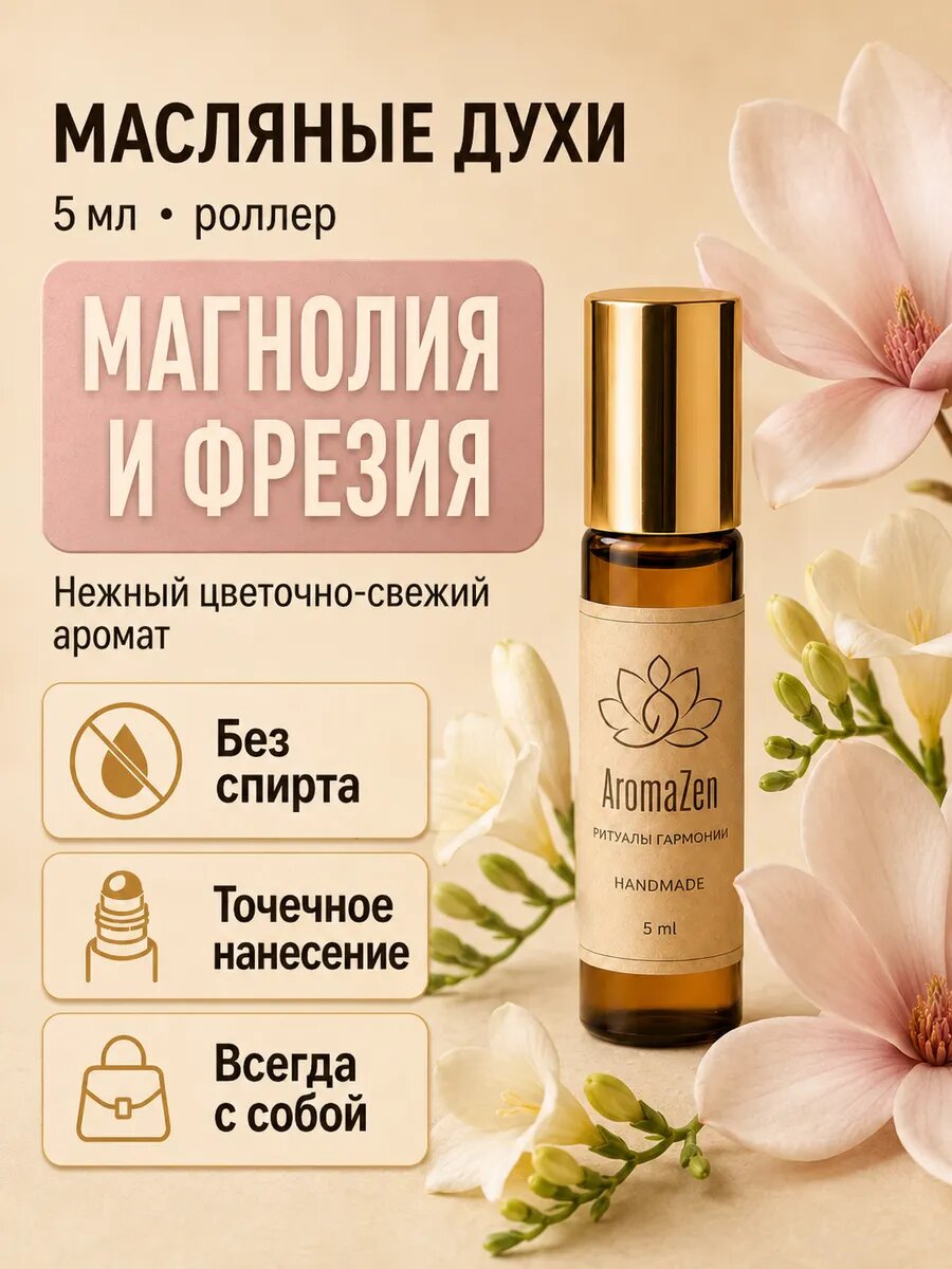 Масляные духи роллер "Магнолия и фрезия", женские, без спирта, шариковые, 5 мл
