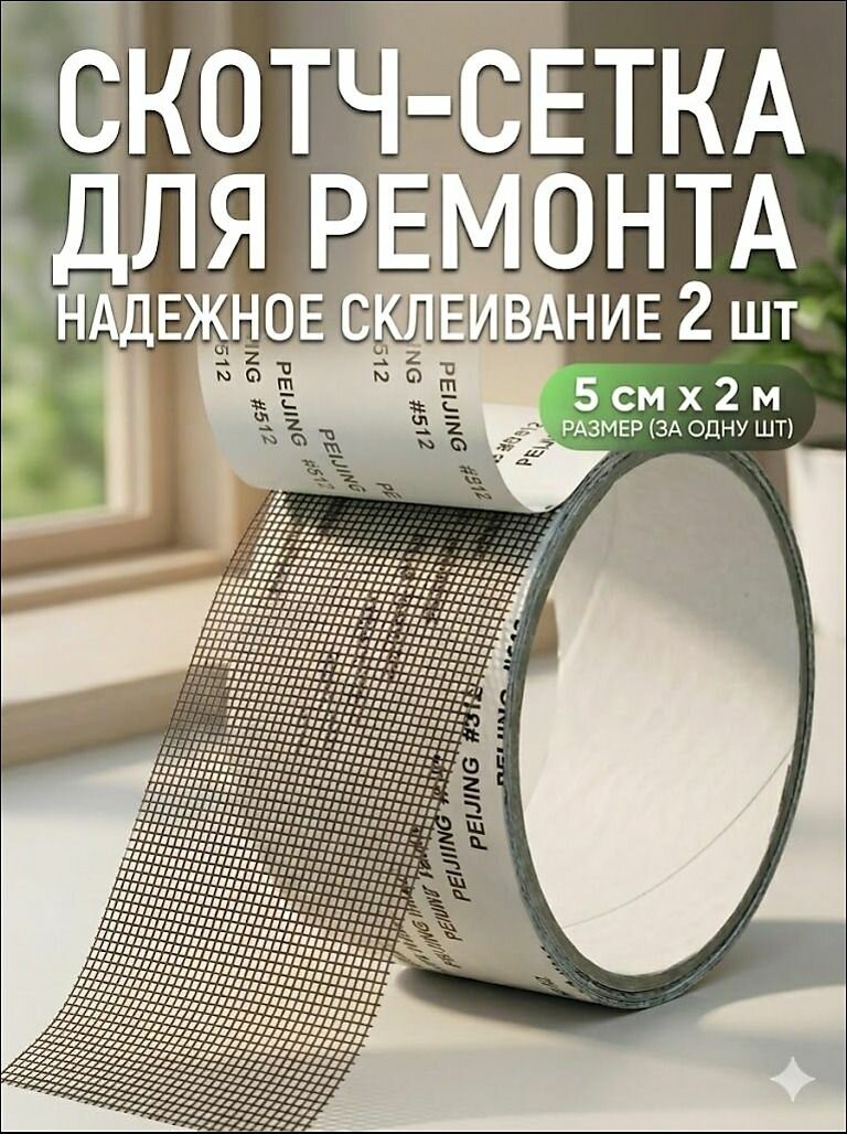 Скотч-сетка для ремонта москитных сеток, 5 см х 2 м, темно-серый ремкомплект PEIJING #512 , крепкая фиксация, отличный