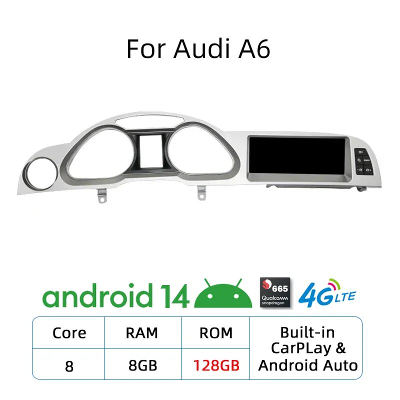 Автомагнитола Android 14 с экраном 8.8/10.25/12.3 дюйма, CarPlay, GPS-навигацией, 8.8 A6 Q8G128