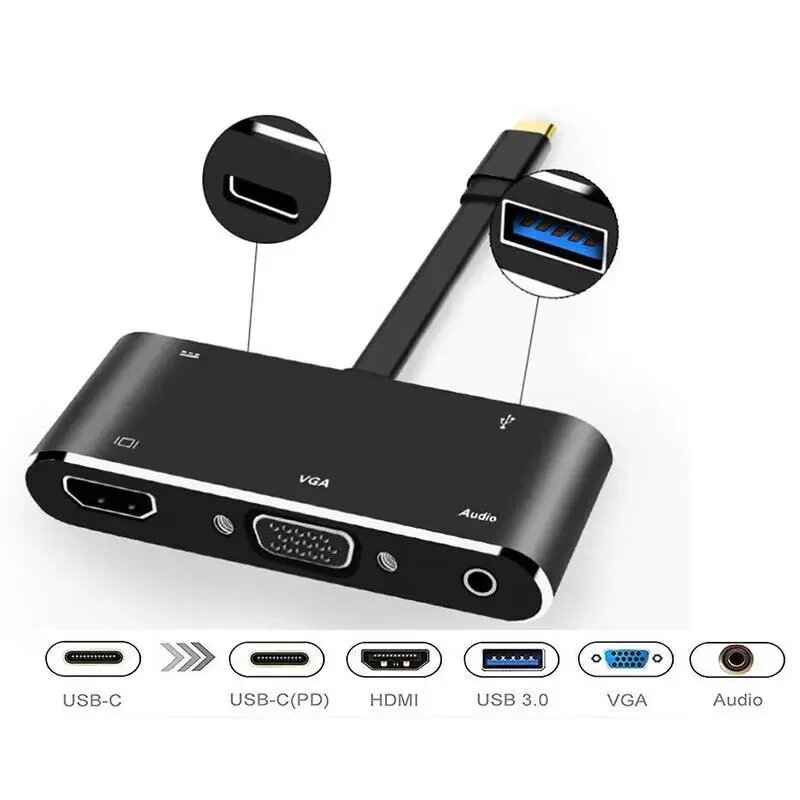 Phineli 5 в 1 USB C Hub адаптер HDMI VGA аудио USB 3.0