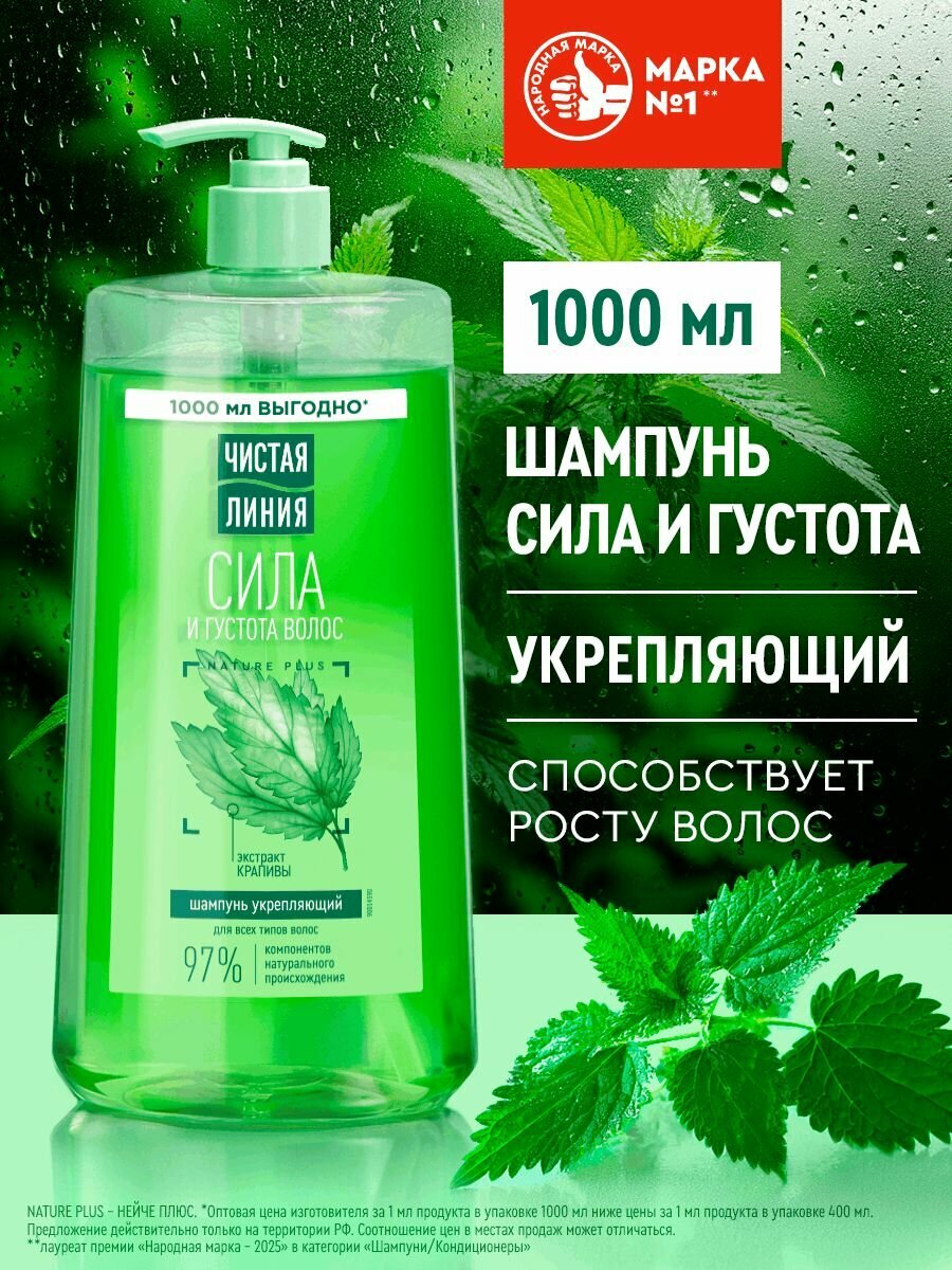 Чистая Линия Шампунь для волос женский, для укрепления и питания локонов с экстрактом крапивы, 1000 мл