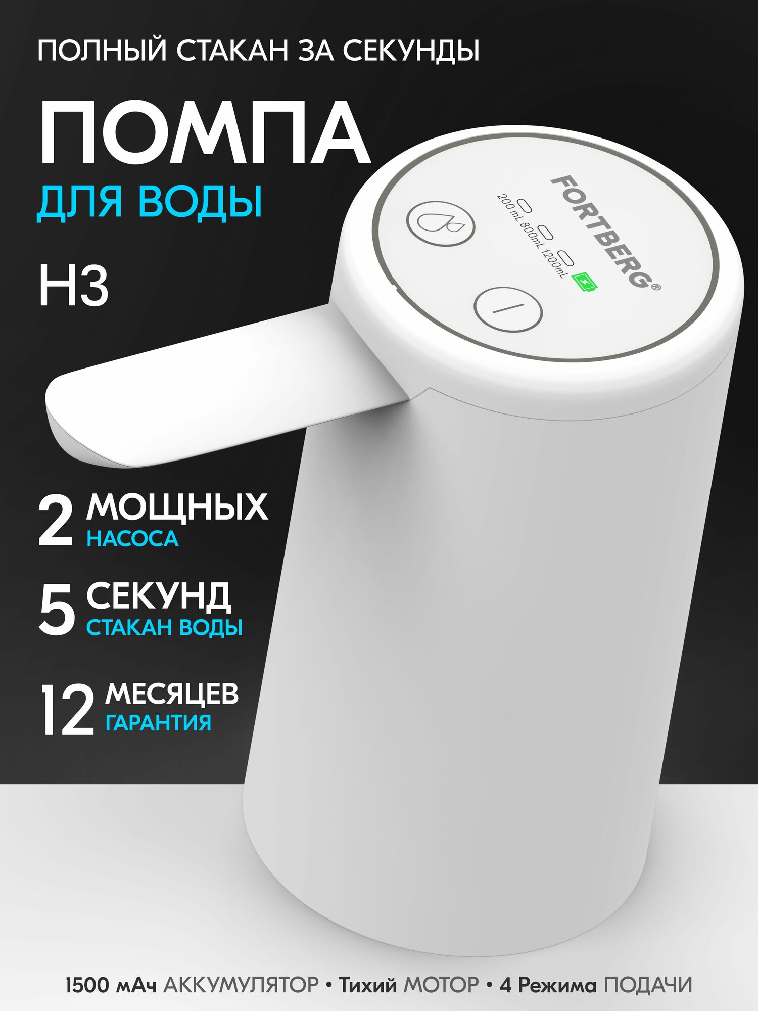 FORTBERG Помпа для воды 19л электрическая с двойным насосом мощная H3, белая