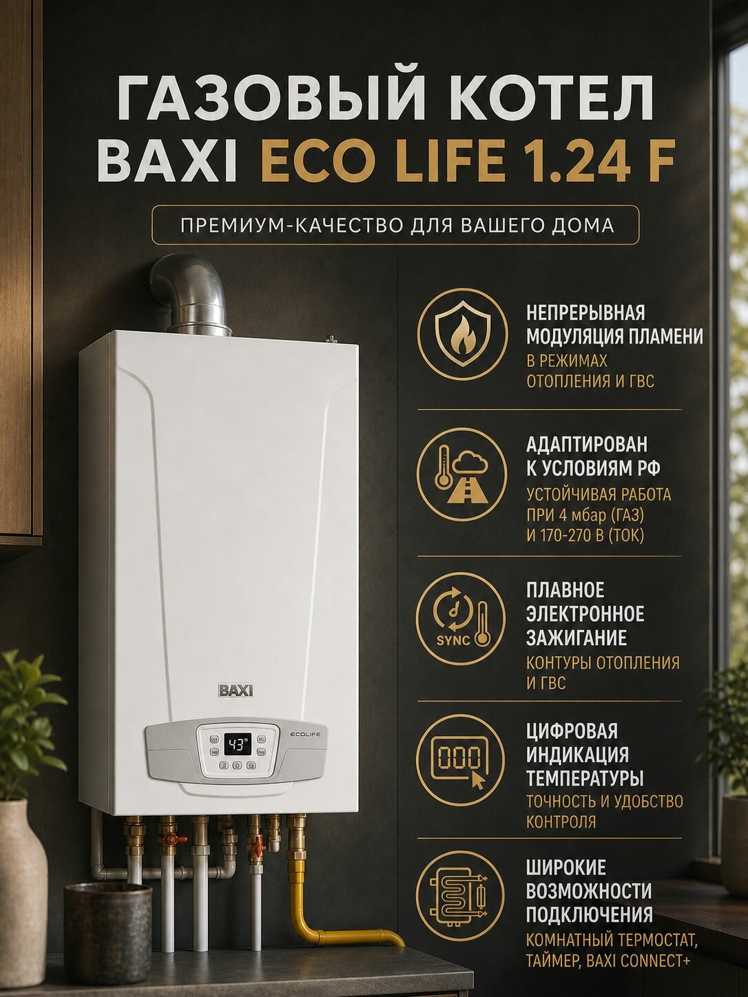 Котел газовый настенный одноконтурный, Baxi ECO Life 1.24 F турбированный (с закрытой камерой)