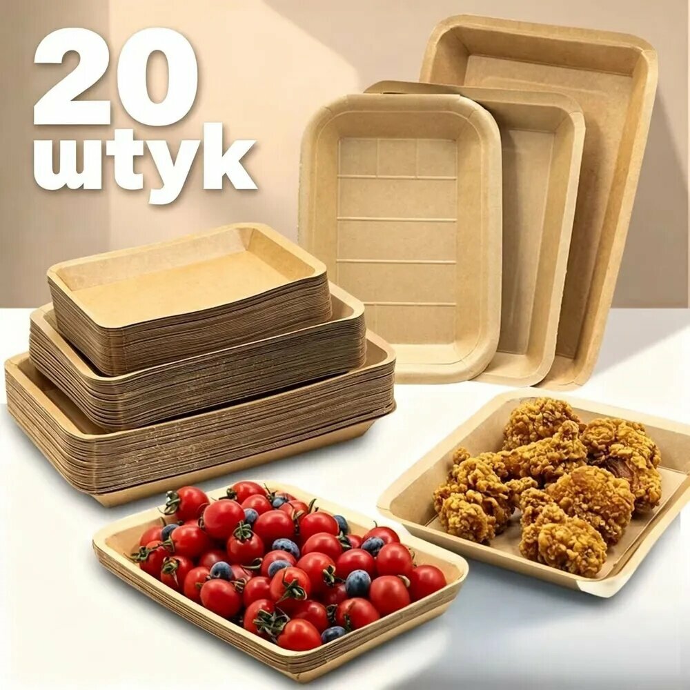 Подносы одноразовые из крафт-бумаги, 20 шт, прямоугольные, антипригарные, для еды, вечеринок и пикников