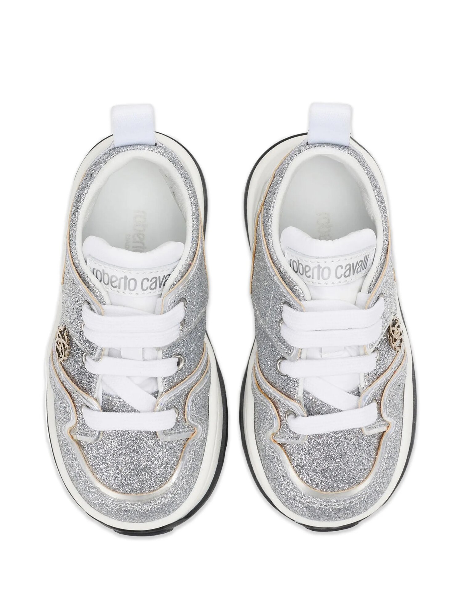 Кроссовки Roberto Cavalli Glitter-effect logo-plaque sneakers, размер 19, серебристый/красный — фото 1