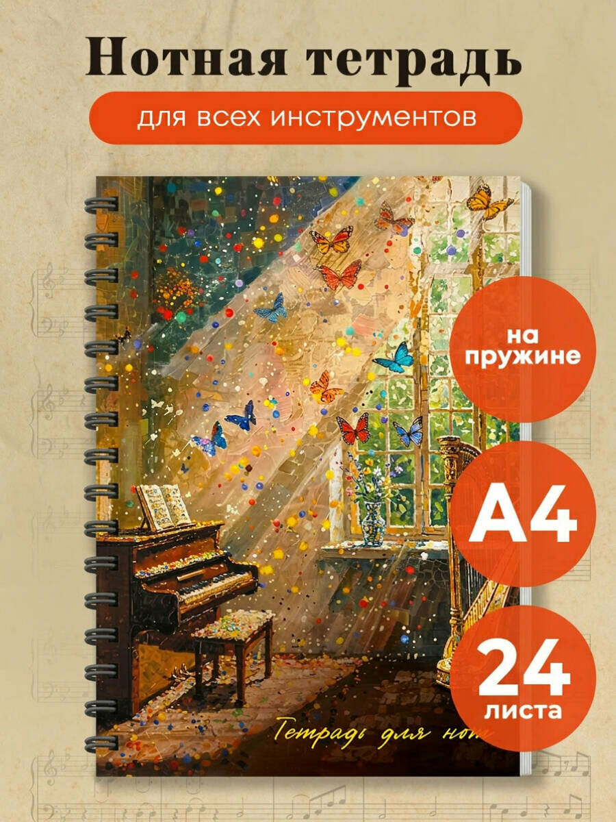 Тетрадь для нот. Комната с бабочками (24 л, А4, вертикальная, навивка)