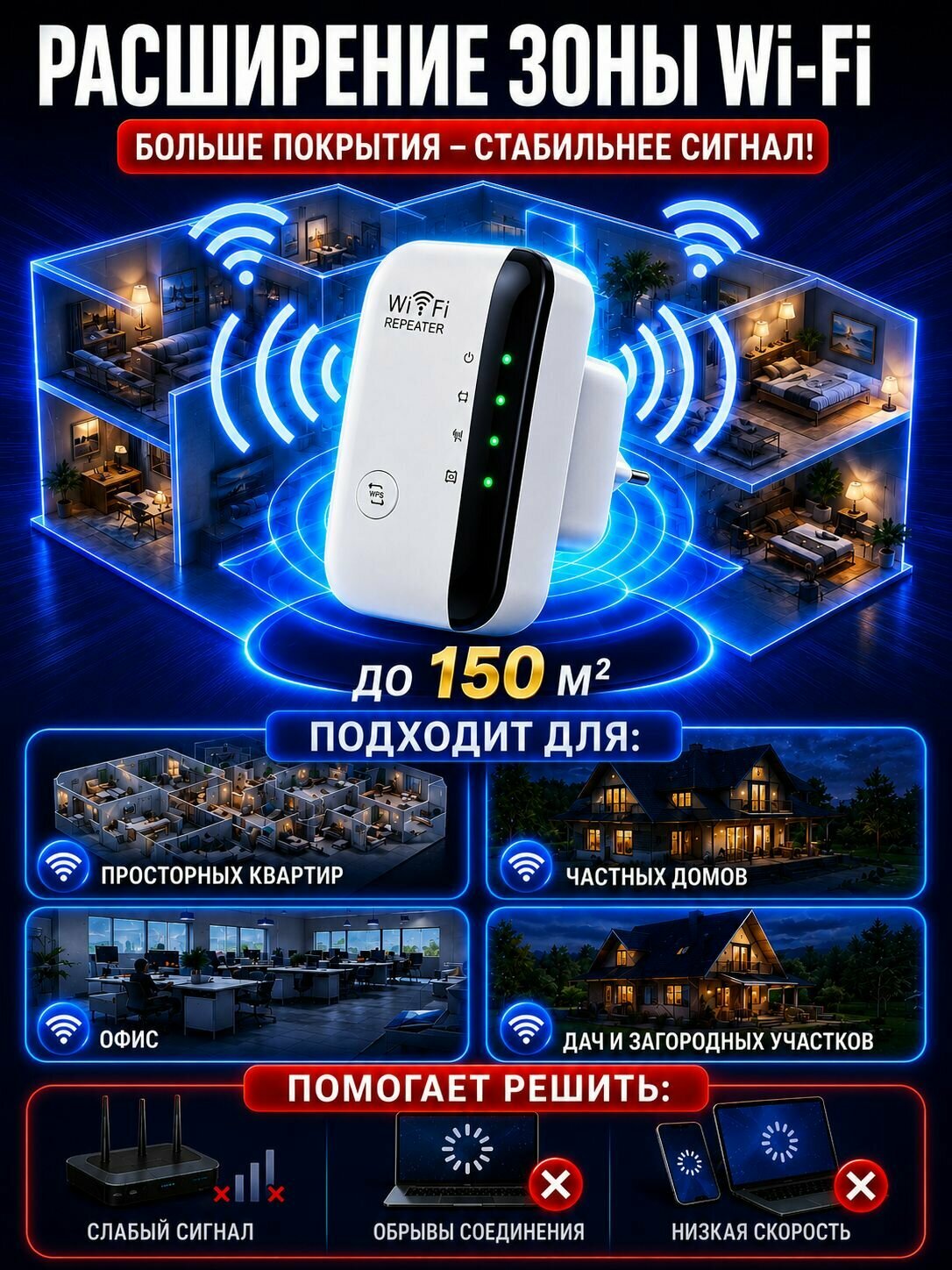 Усилитель Wi-Fi сигнала, репитер беспроводной сети, до 300 Мбит/с, WPS, 2.4 ГГц — фото 1