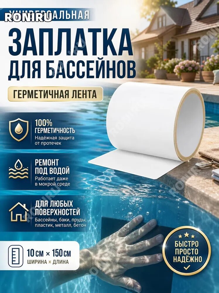 Универсальная заплатка для бассейна, герметичная лента 10 cm x 150 cm белая для ремонта под водой и гидроизоляции любых поверхностей