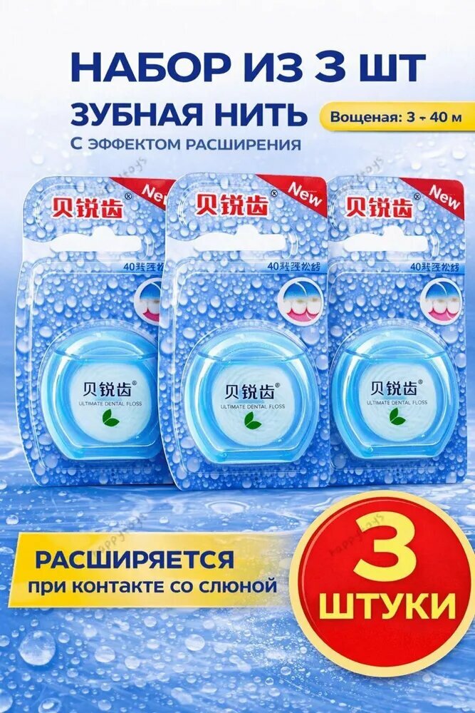 Зубная нить вощеная с эффектом расширения, расширяется при контакте со слюной, 40 м