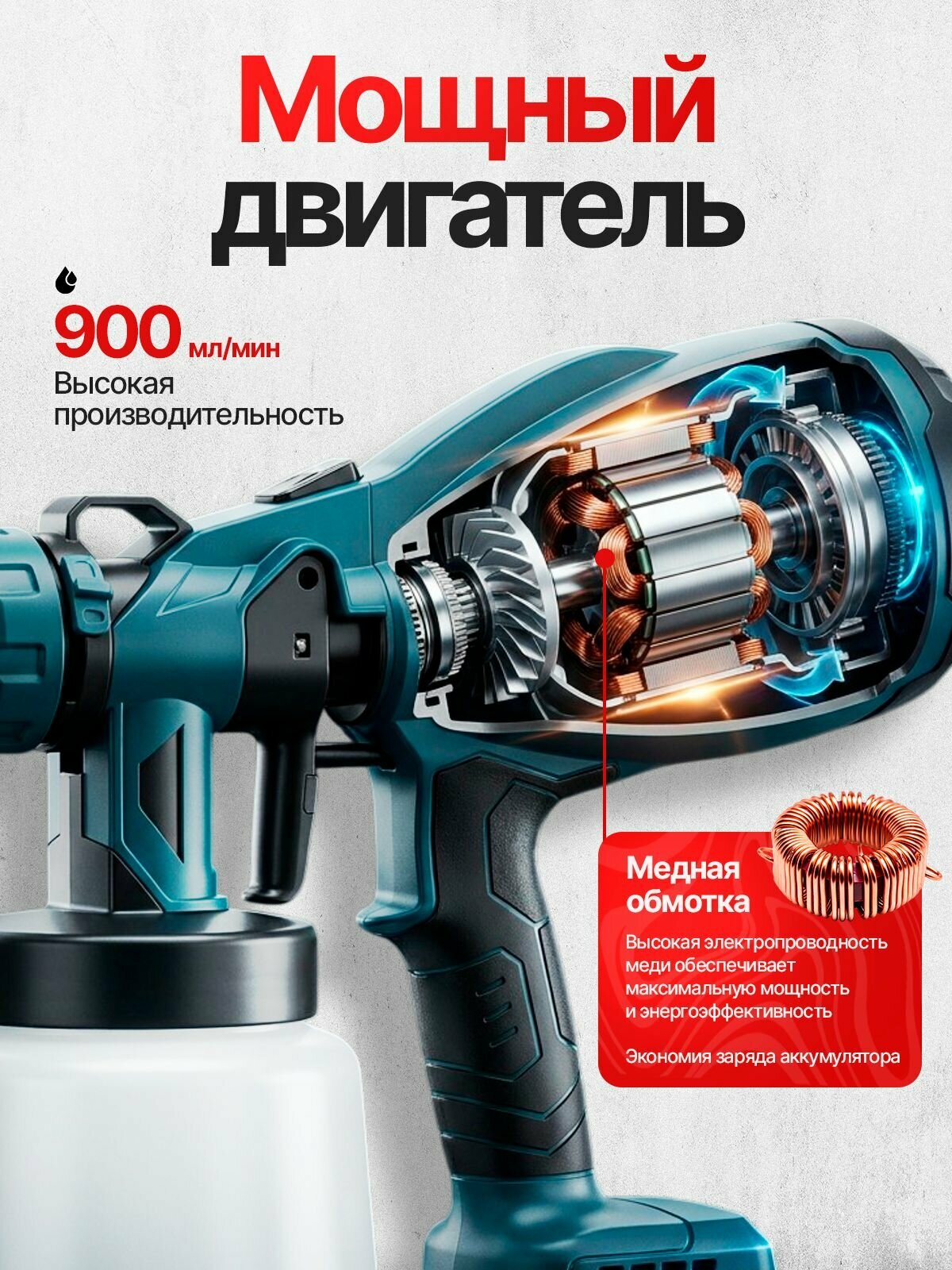 Краскопульт синий аккумуляторный с медным соплом/ 2 АКБ/ распылитель для краски с баком 1000 млКраскопульт аккумуляторный синий