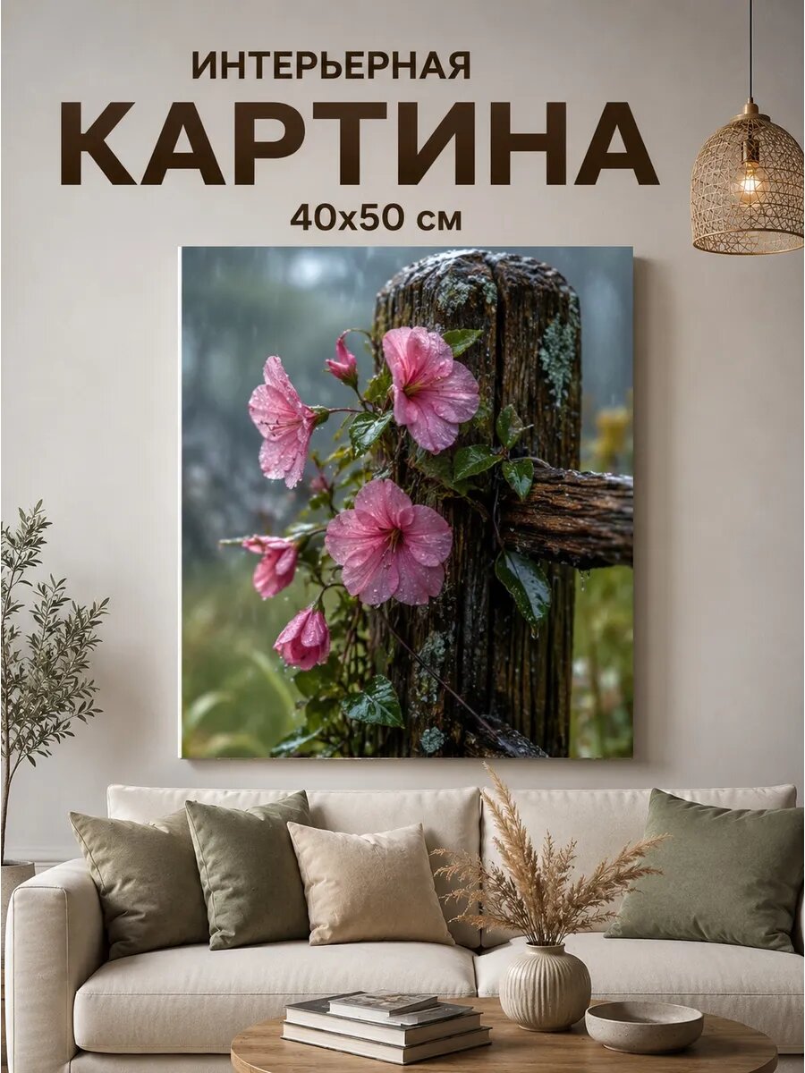 Картина на холсте интерьерная 40x50 Утренний дождь на заборе