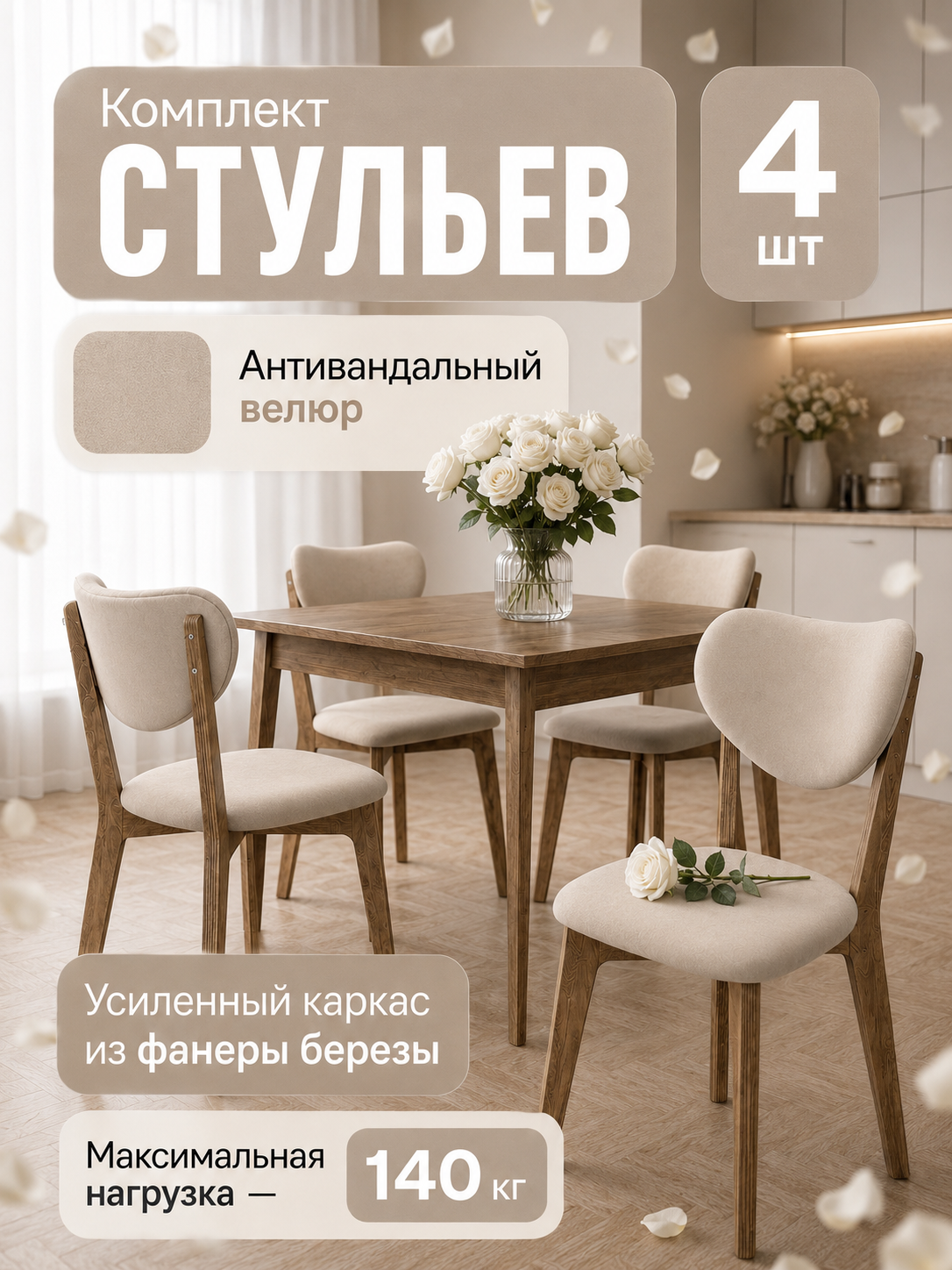 Стулья для кухни 4 шт со спинкой мягкие велюр деревянные