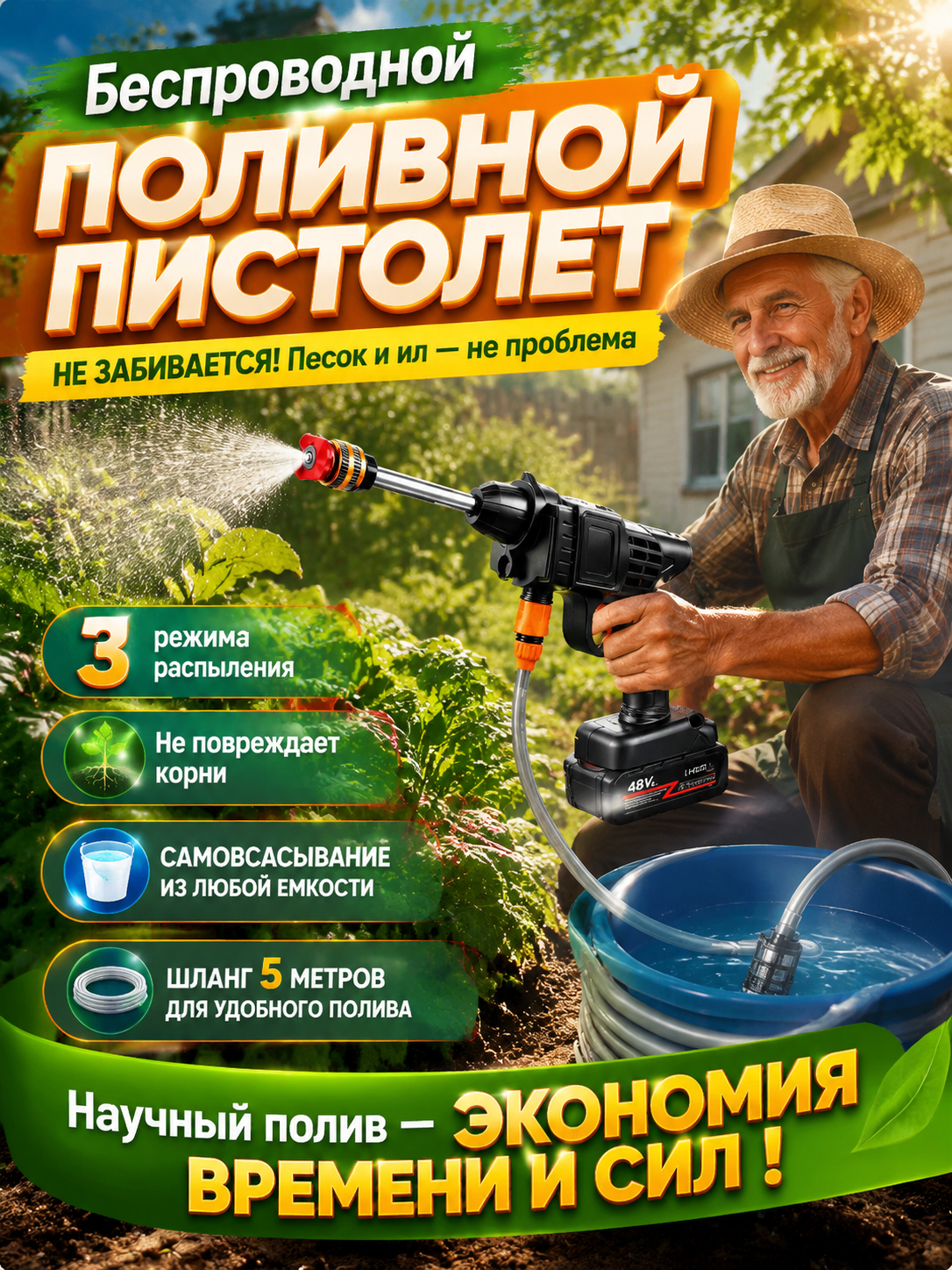 Насос аккумуляторный для полива из бочки, 48V