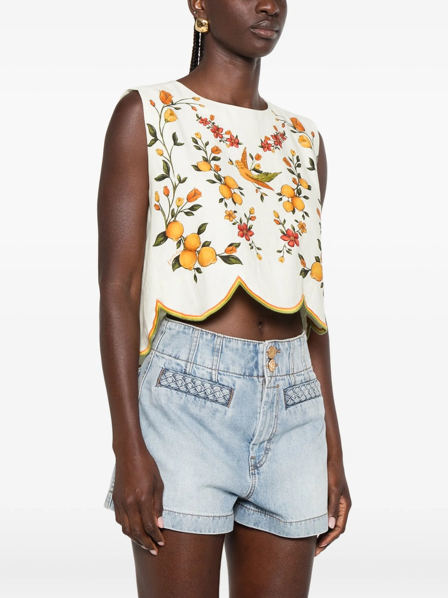 Блуза FARM RIO Printed scalloped-hem blouse, размер 40-42, бежевый/белый — фото 1