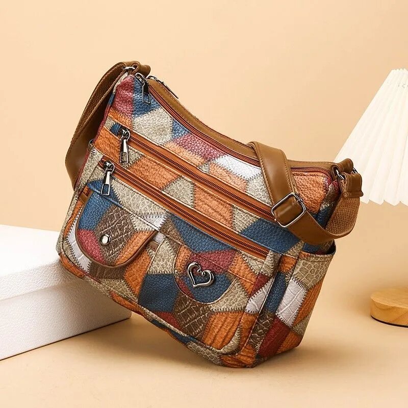 Сумка на плечо женская, кожаная, patchwork, для пожилых мам, 20x26 см — фото 1