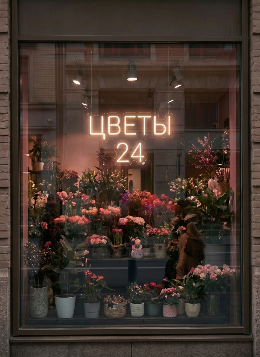 Неоновая вывеска "цветы 24" 65х40см, неоновая надпись, LED светильник для цветочного магазина