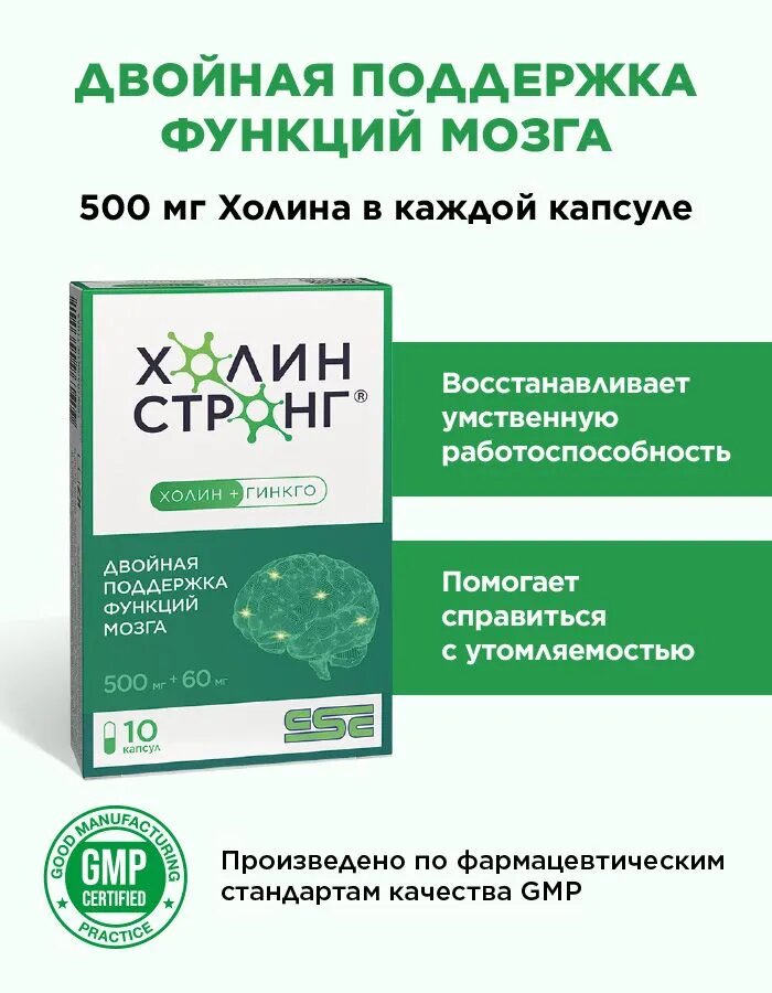 Холин Стронг, Холин битартрат 500 мг + Гинкго билоба 60 мг + Биоперин, способствует поддержке памяти и внимания, 10 капсул