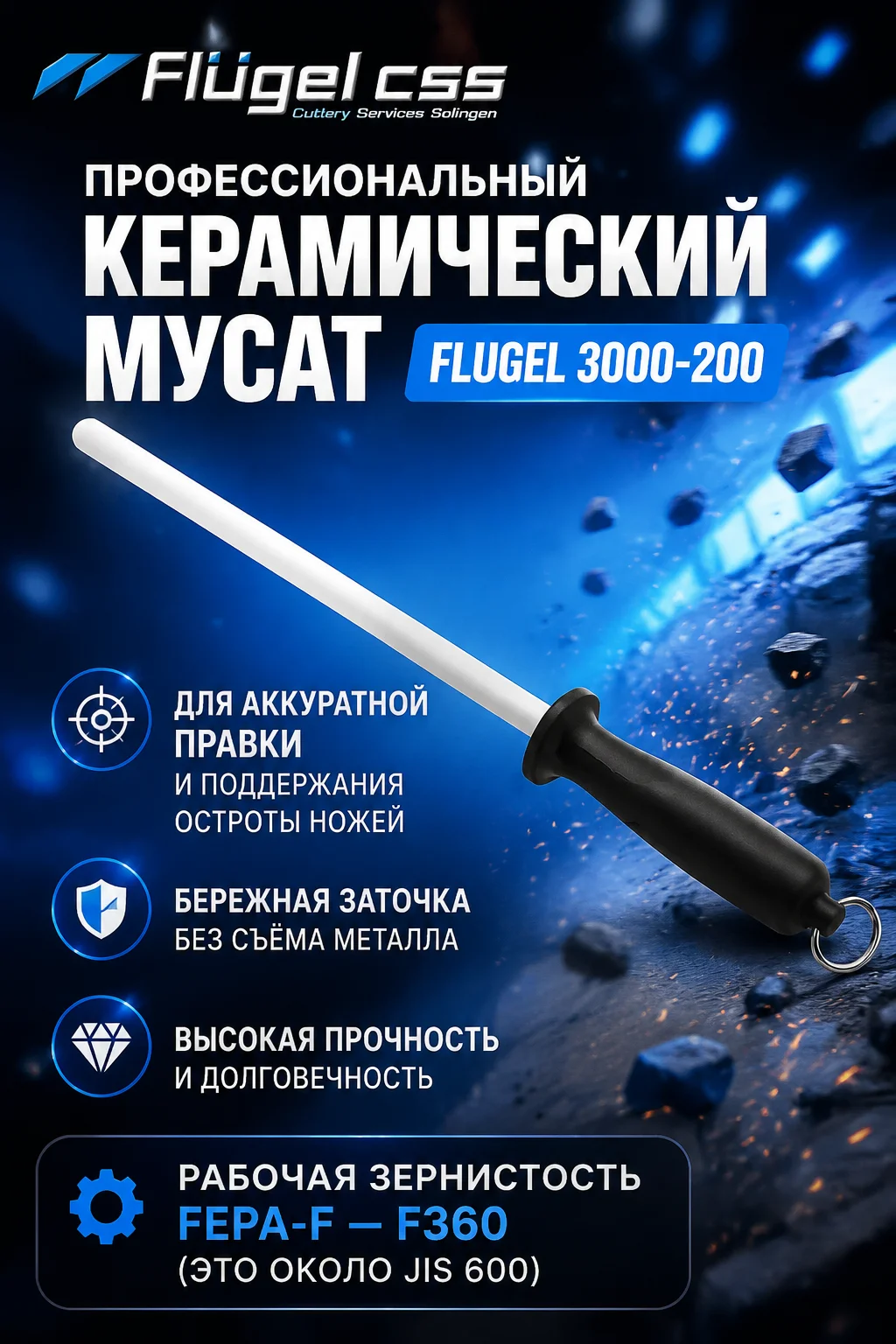 Мусат Flugel Solingen 3000-200, керамический, 20 см, для правки ножей