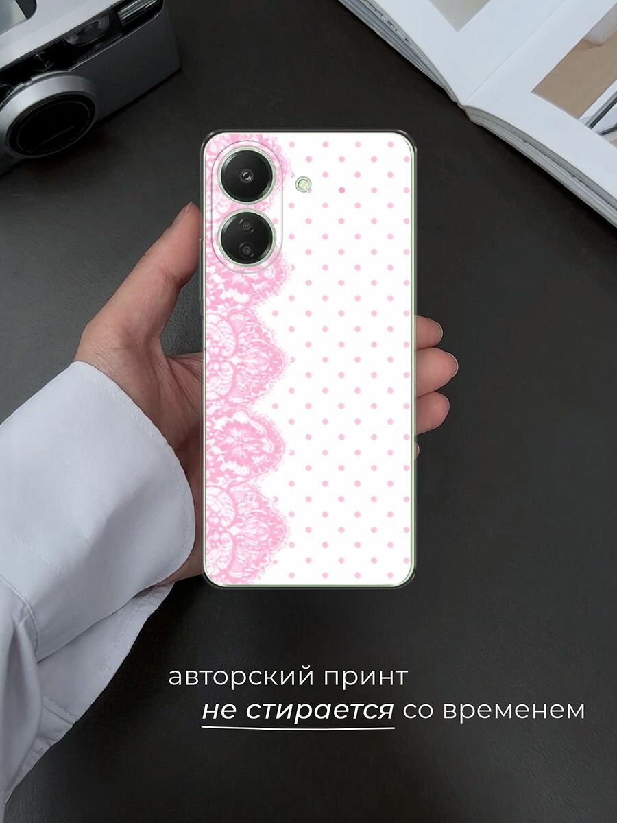 Чехол на Xiaomi Redmi 13C/Poco C65 / Сяоми Редми 13C/Поко С65 с принтом Розовое кружево и горошек — фото 1