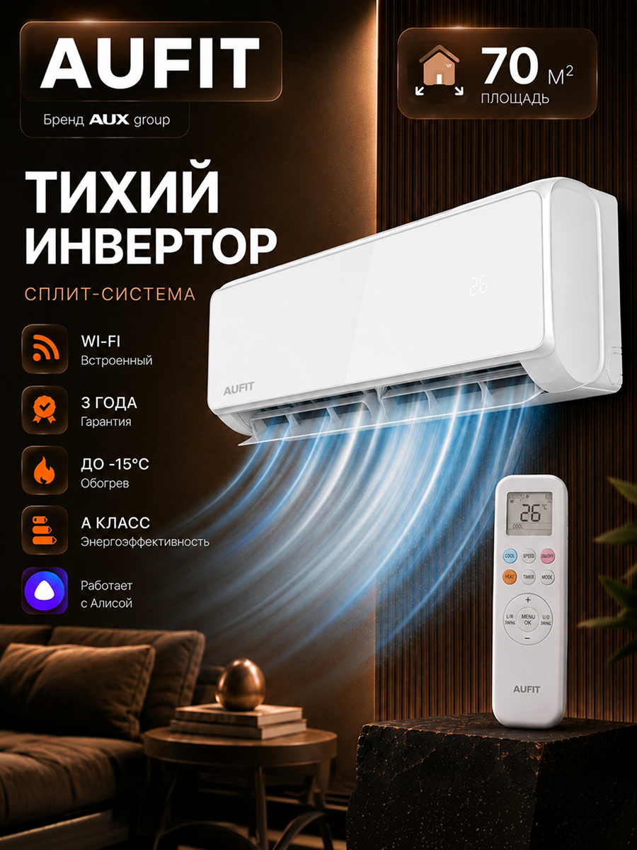 Сплит-система инверторная Aufit QB-INV-24KI/QB-INV-24KU, встроенный Wi-Fi модуль, 24 kBTU, кондиционер до 70 кв. м.