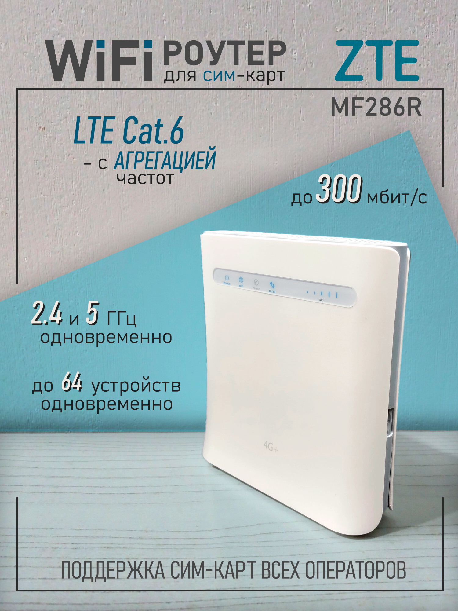 4G Wi-Fi роутер ZTE MF286 + слот для сим Cat.6 + агрегация 2,4+5 ГГц