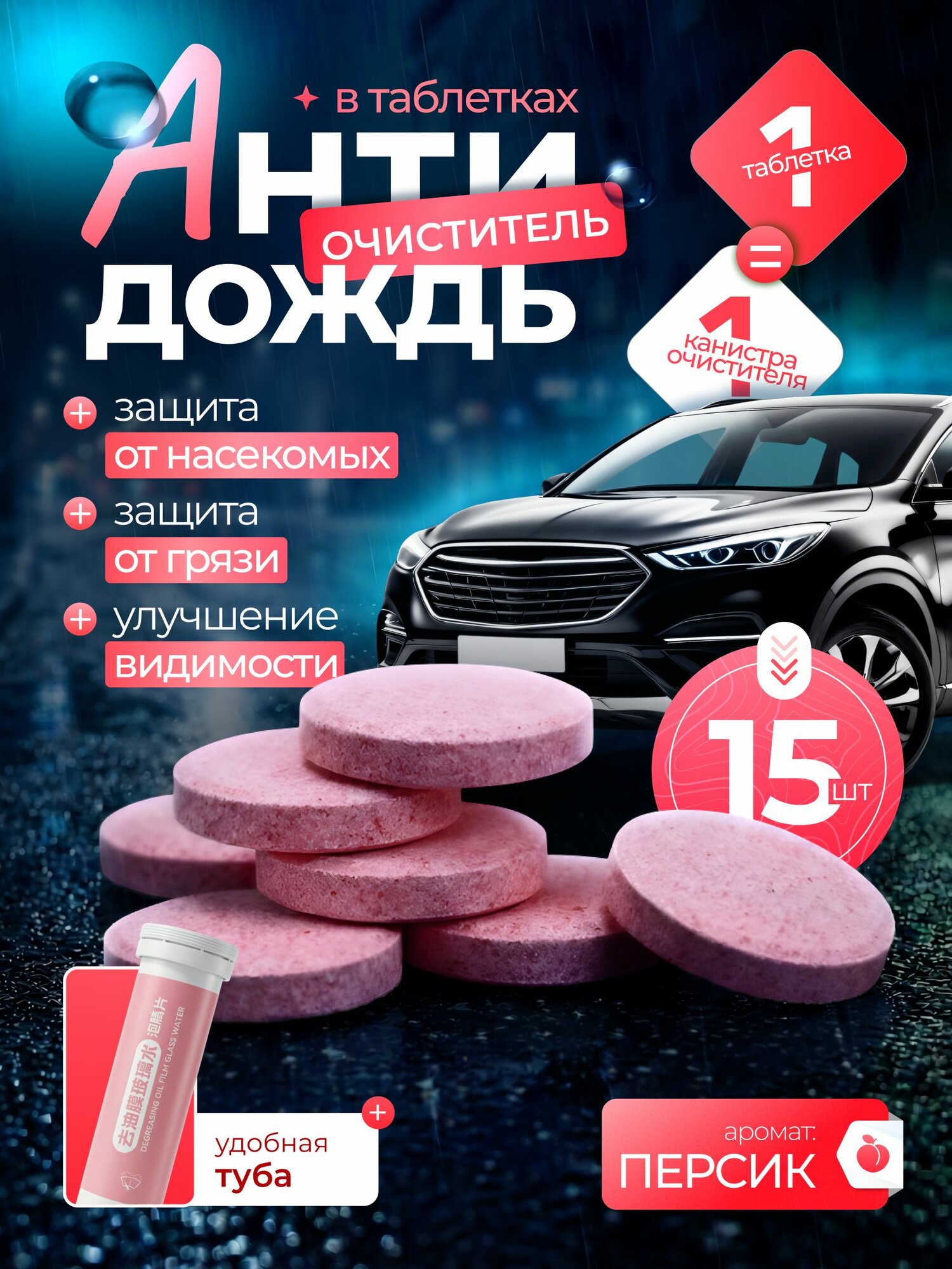 Стеклоомыватель, антидождь, защитное омывающее средство в таблетках для автомобильного лобового и бокового стекла, легковых и грузовых машин. Аромат персик.