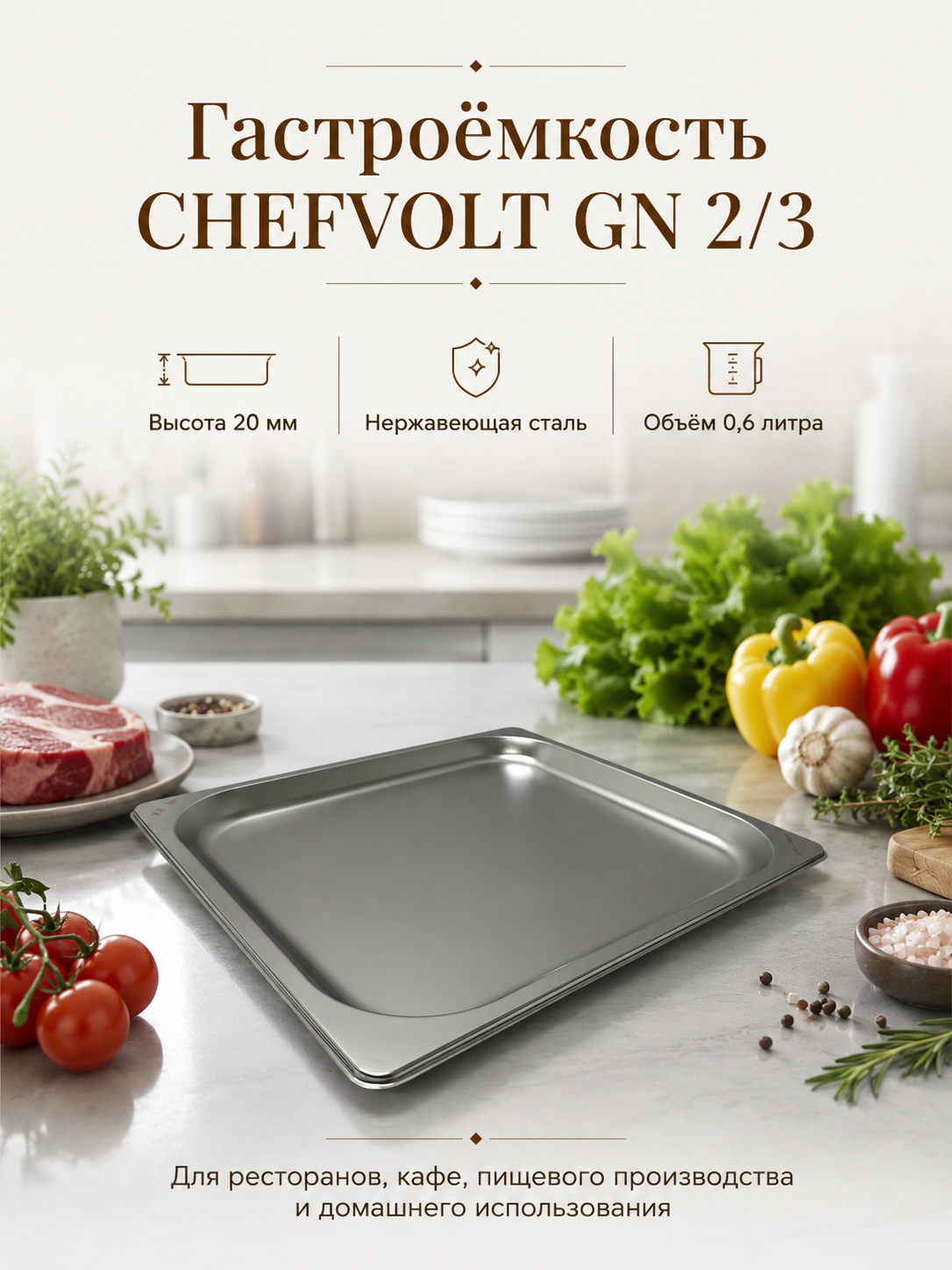 Гастроемкость GN 2/3-20 мм нержавеющая сталь CHEFVOLT
