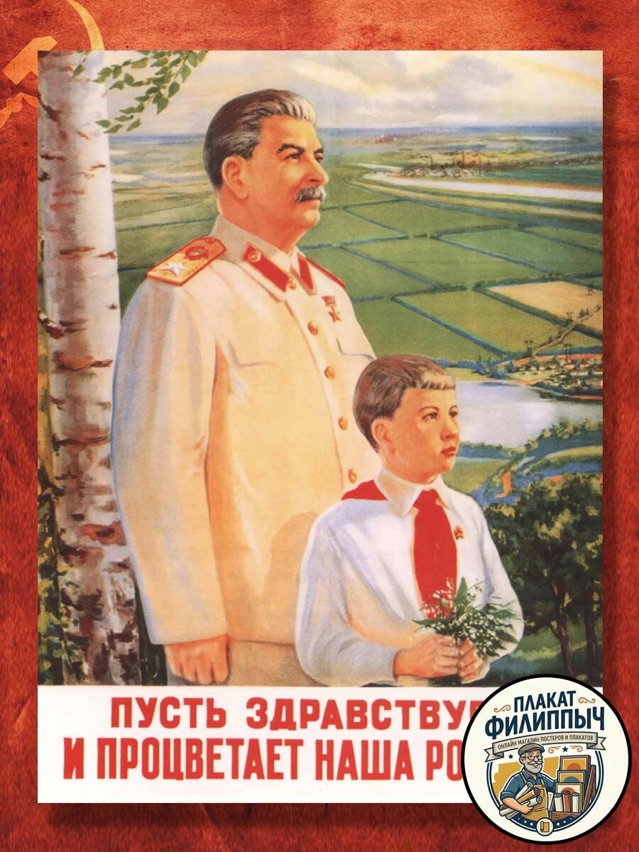 Постер СССР - Сталин "Пусть здравствует и процветает наша родина!" - 30х40см, Советский плакат