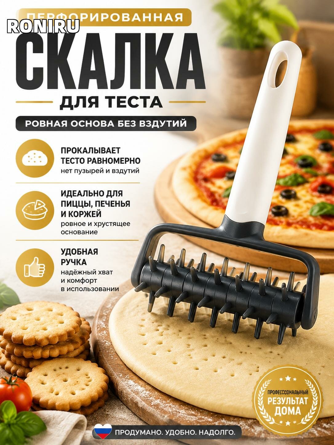 Перфорированная скалка для теста с удобной ручкой — для ровной основы пиццы, печенья и коржей без вздутий на кухне