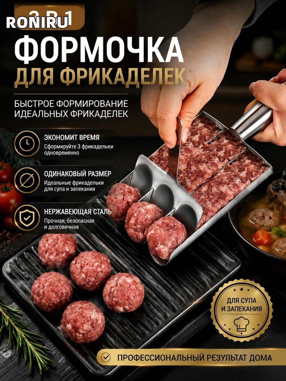 Формочка для фрикаделек 3 в 1 из нержавеющей стали — быстрое формование одинаковых фрикаделек для супа и запекания