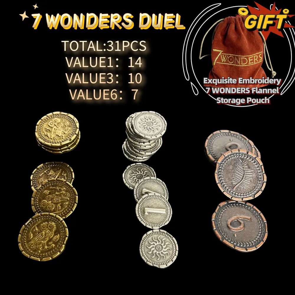 Настольная игра "7 Wonders": DIY Металлические Монеты. Подарок: Мешочек из Бархата. Праздничный Сюрприз. Номиналы: 1, 3, 6. Износостойкие, Высокое Качество.