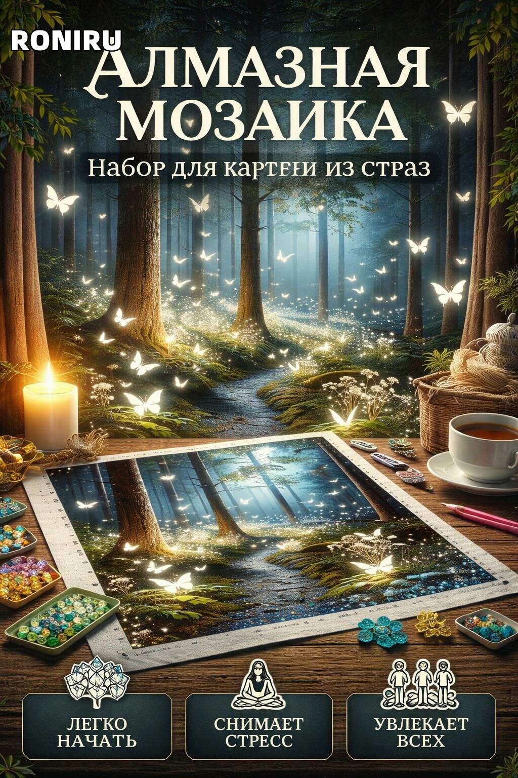 Алмазная мозаика — набор для картины из страз на холсте, для новичков, релаксации и семейного творчества, в наборе