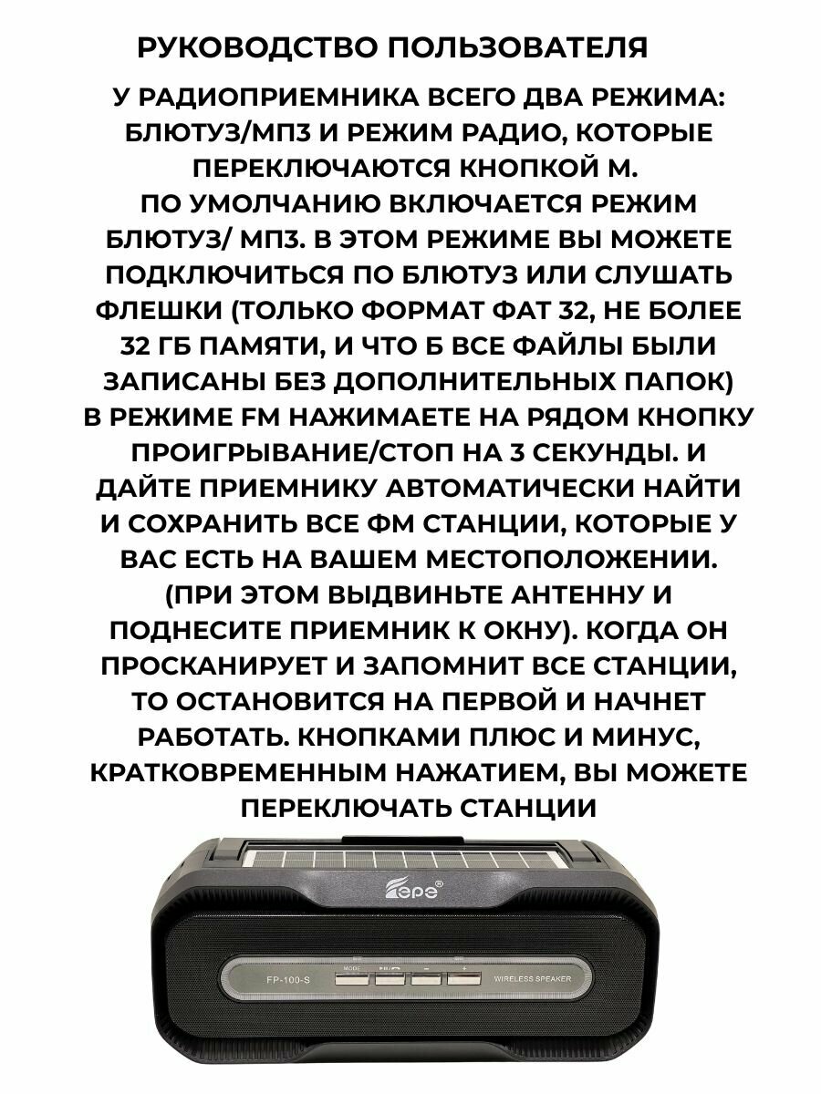 Радиоприёмник FP-100-S/Bluetooth/USB/MP3/LACK — фото 1