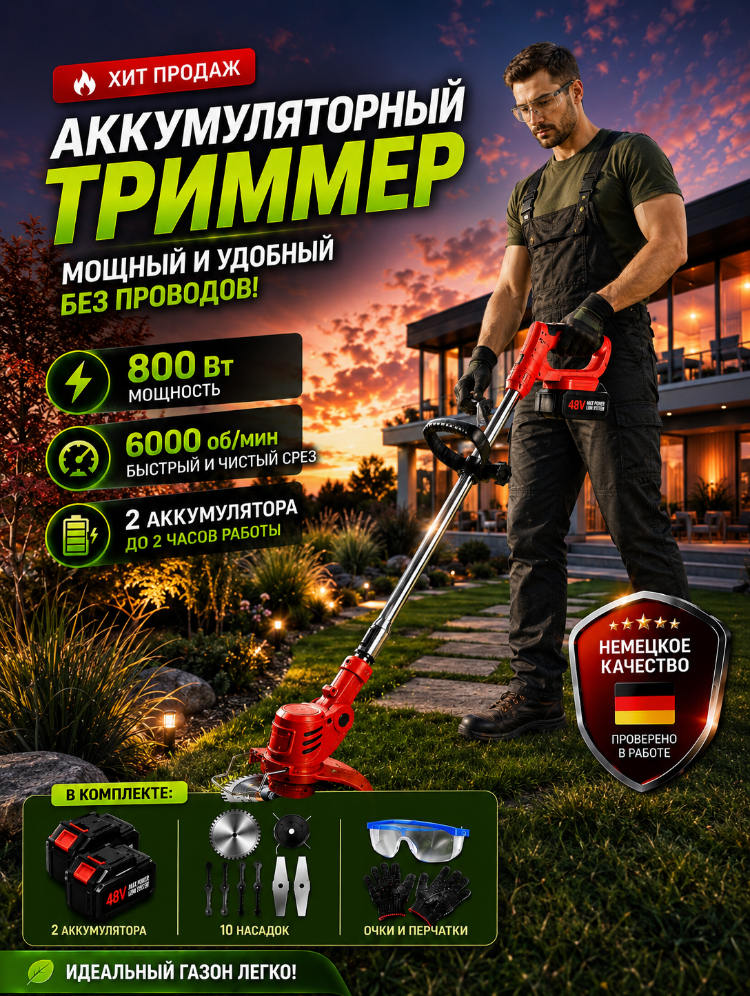 Газонокосилка-триммер, с двумя аккумуляторами, с индикатором, красный 800Вт 6000 об/мин