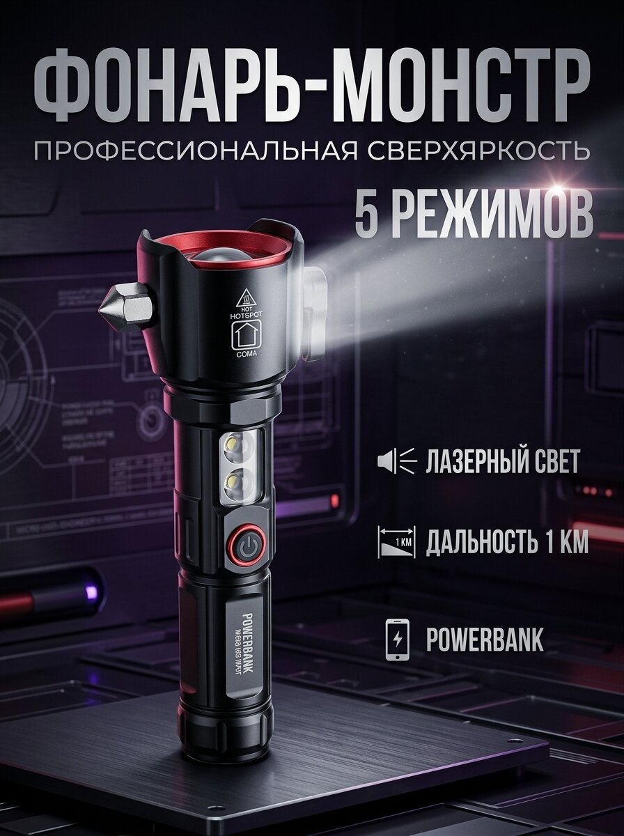 Фонарь ручной аккумуляторный светодиодный, с зарядкой USB сверхъяркий с фокусировкой, фонарик Карманный, для работы, походов, черный
