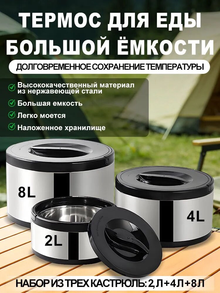 Термокастрюля 2 л, 4 л, 8 л, Нержавеющая сталь, Черный матовый, Набор из 3 шт