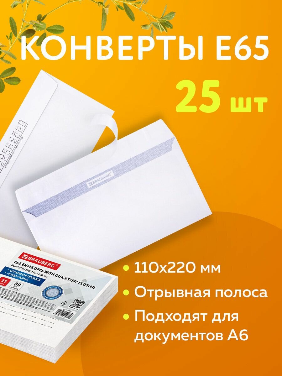 Конверты Е65 (110х220 мм), отрывная лента, Куда-кому, 80 г/м2, Комплект 25 шт, внутренняя запечатка, конверты с отрывной лентой почтовые конверты