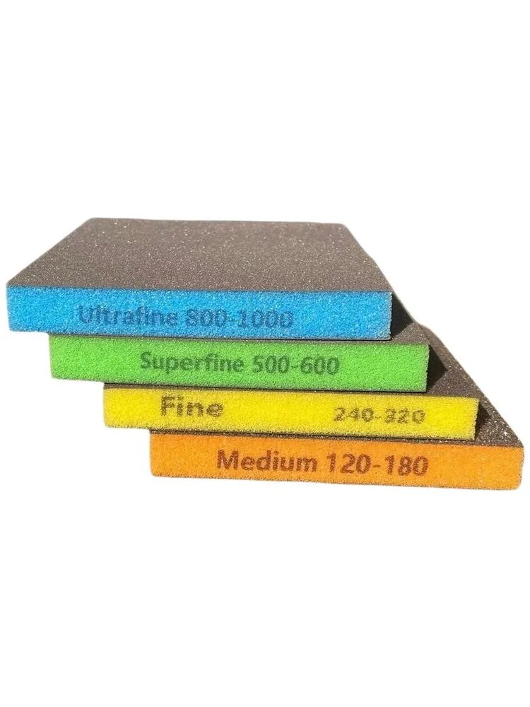 Губка двусторонняя Sponge Medium, Fine, Superfine, Ultrafine 98*120*13mm 4шт оранжевая(Р120), желтая(Р240), зеленая(Р600), синяя(Р800)