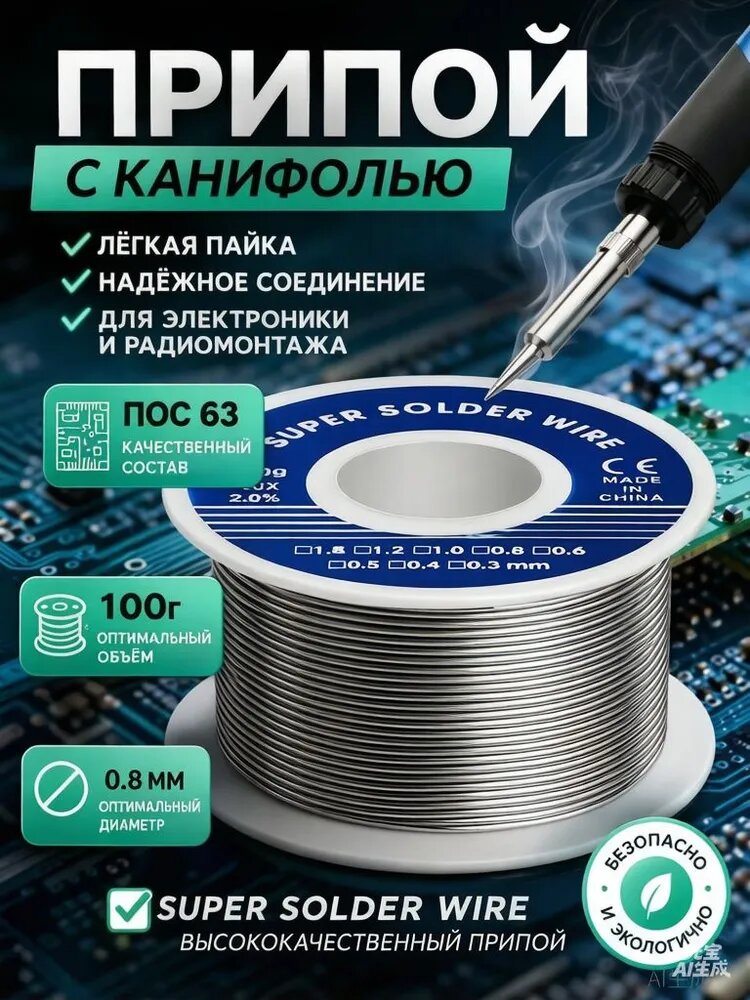 Припой с канифолью 0.8 мм 100гр. Паяльный пруток для электроники и металлов
