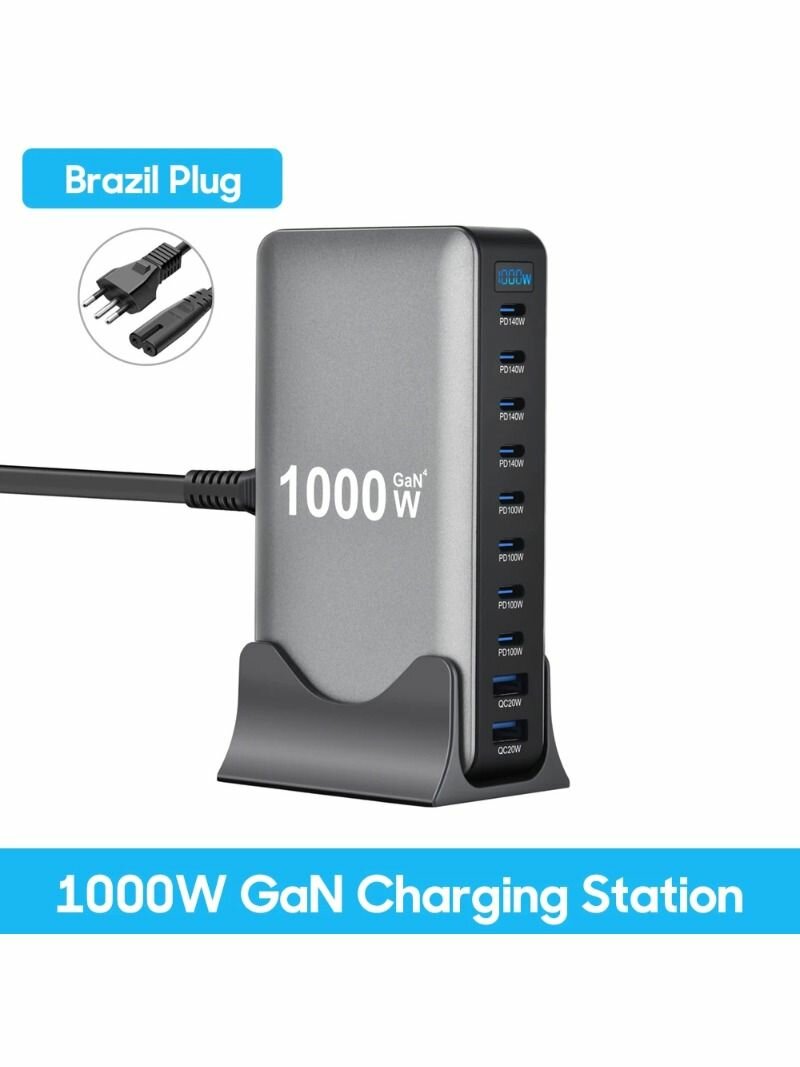 Зарядное устройство GaN 1000 Вт для ноутбуков, смартфонов и iPad, 8 портами USB-C PD +2 портами USB-A QC быстрой зарядки