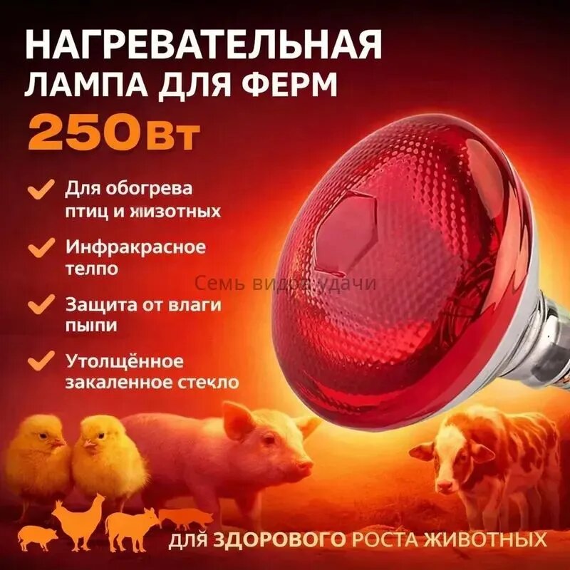 Лампа инфракрасная для обогрева кур, щенков, цыплят, свиней, курятника, брудера/ Лампочка галогенная для животных, растений и теплиц 250 Вт-1 шт