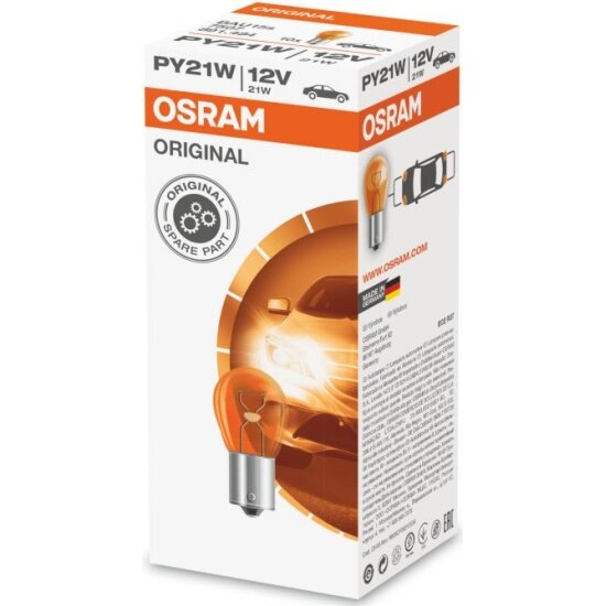 Лампа автомобильная Osram Yellow PY21W BAU15s 12V, 1шт, 7507