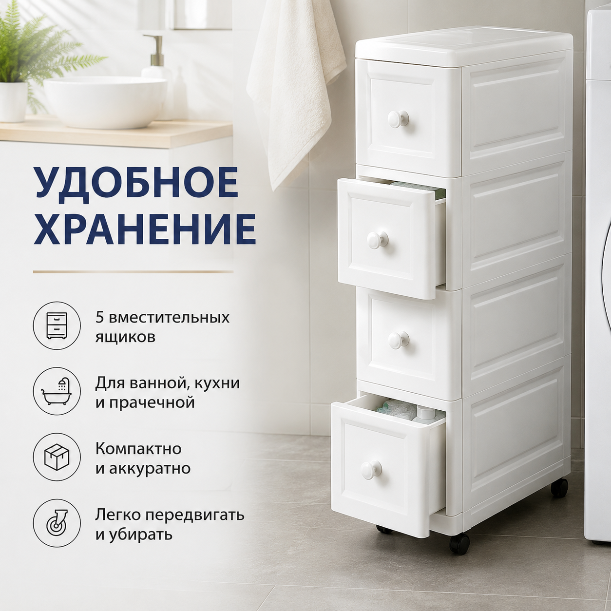 Пятиярусный узкий шкаф для хранения на колесиках для ванной кухни, 18х33х82 см